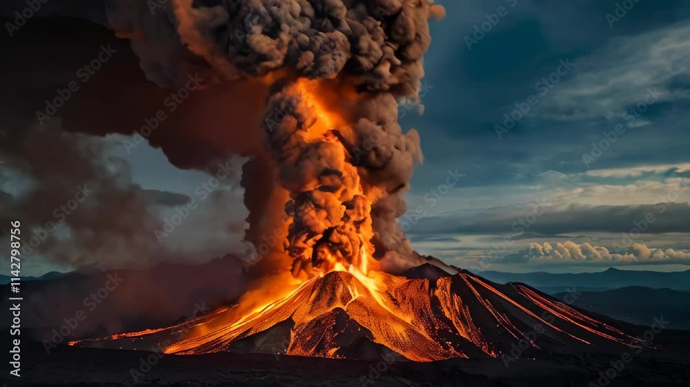 Close-up of the impressive eruption and explosion of the volcano, puffs ...
