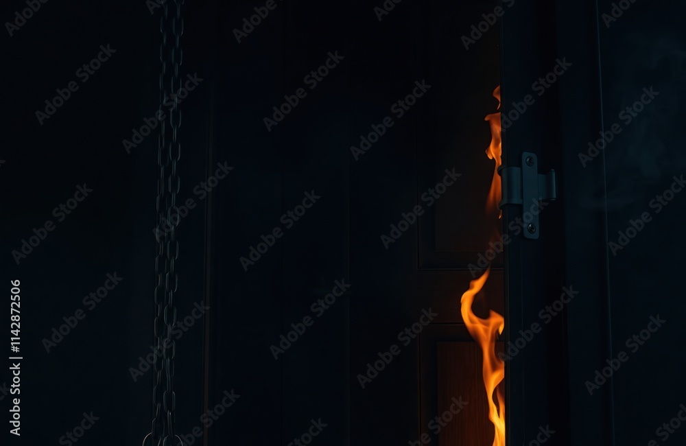 Fiery flames blaze through an open door in a dark room. Chains hang on ...