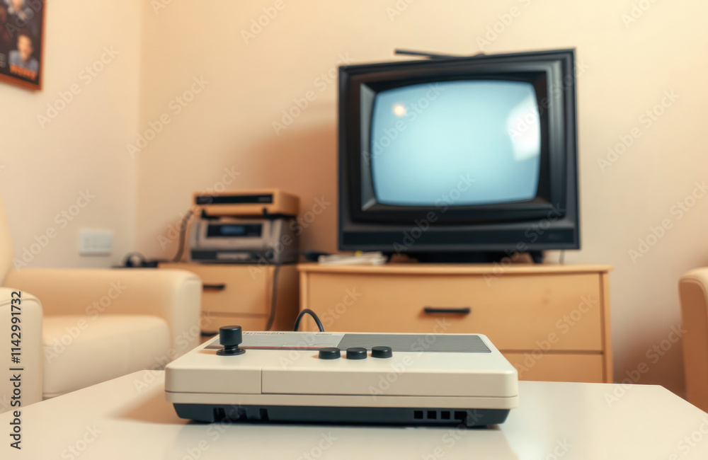 Retro gaming setup in living room. Vintage television, gaming console ...