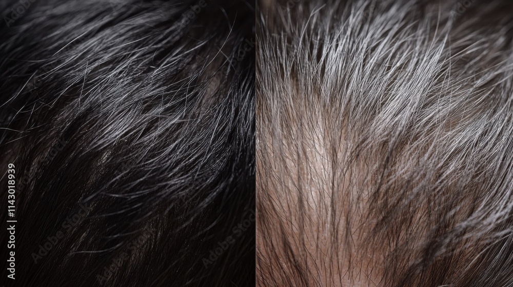 Close-up of a person's hair showing the transition from dark to graying ...