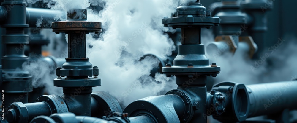 Close-up industrial pipes, valves release steam. Machinery, steam ...