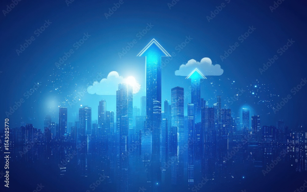 Digital cityscape with cloud icon and upward arrow symbol on a blue ...