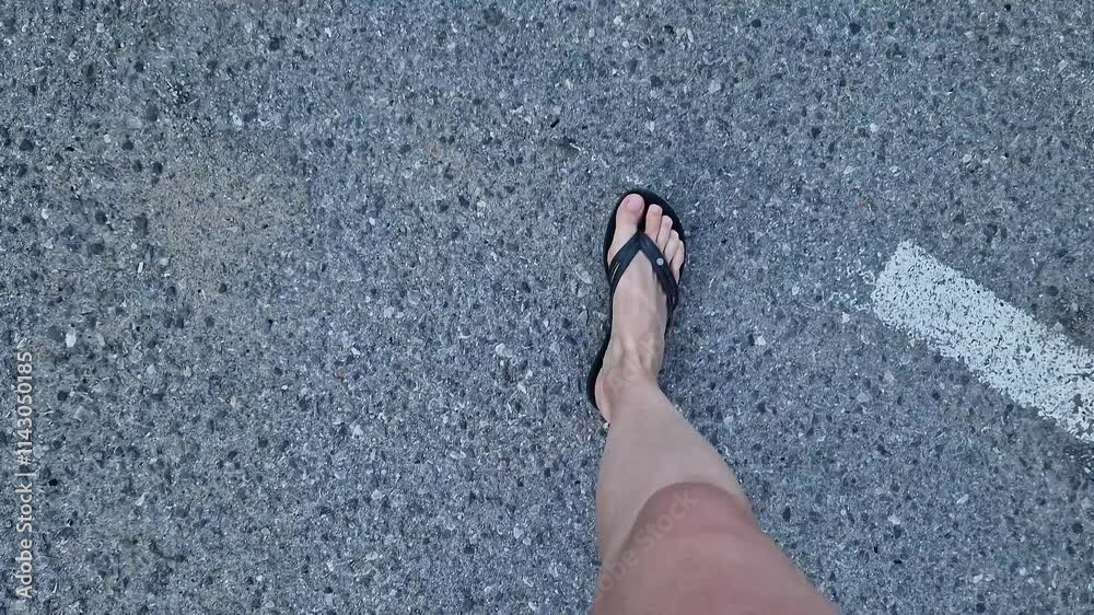Female legs in flip flops walking down the street, first person view ...