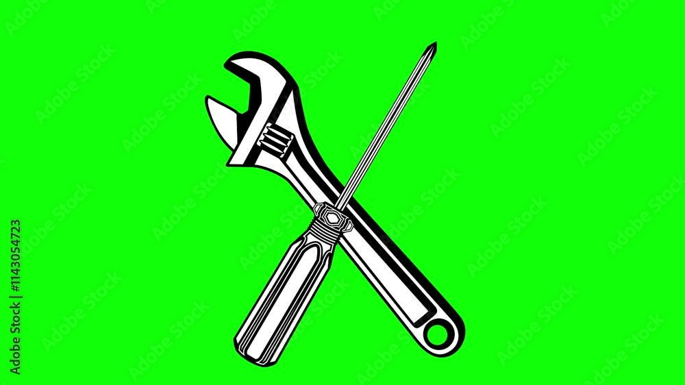 Crossed screwdriver and adjustable Wrench animation. Repair tools shoot ...