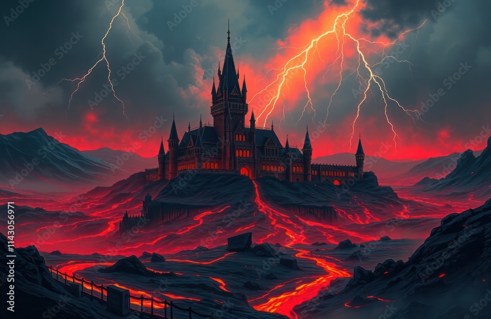 Dark imposing castle stands on volcanic landscape. Lava flows around ...