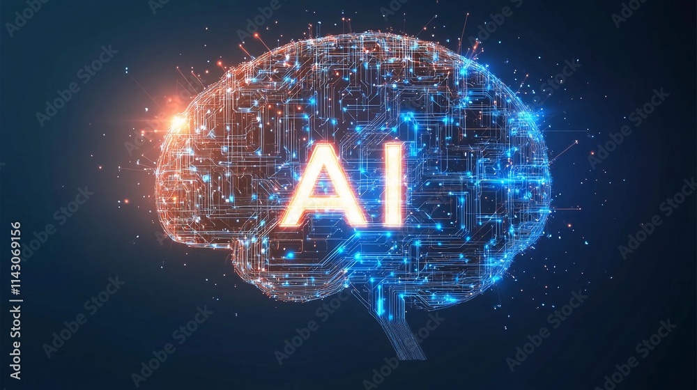 a glowing digital brain made up of circuits, nodes, and data flows on a ...