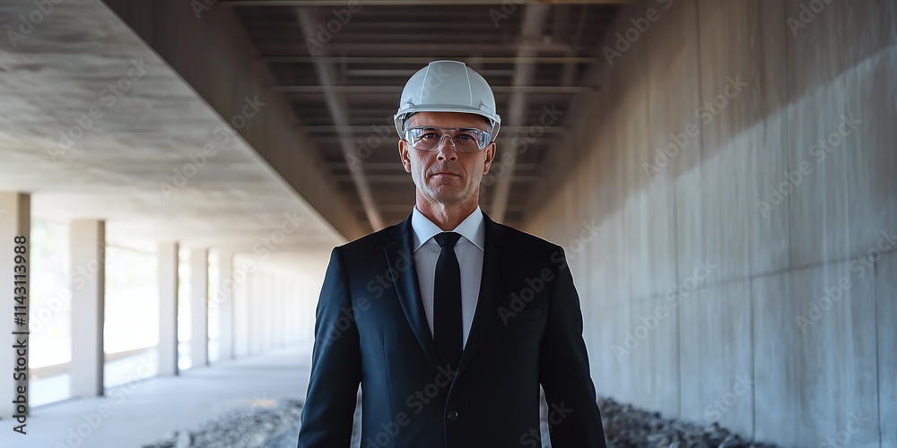 Senior engineer wearing a suit and white safety helmet in a modern ...