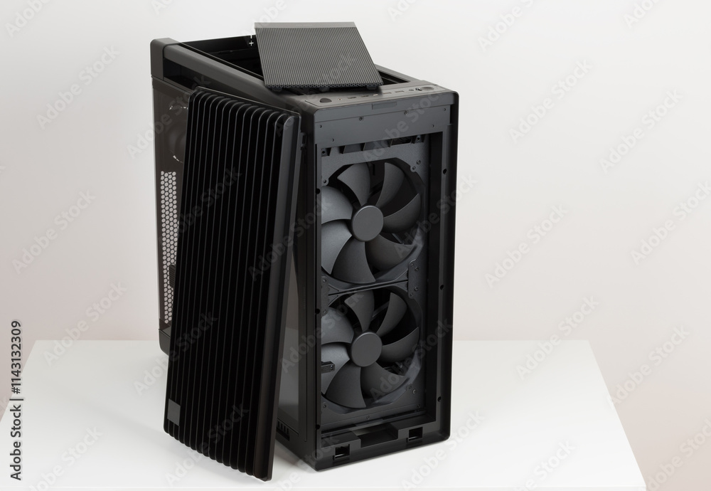 Side view of empty big tower, PC case, chassis, removable top panel ...