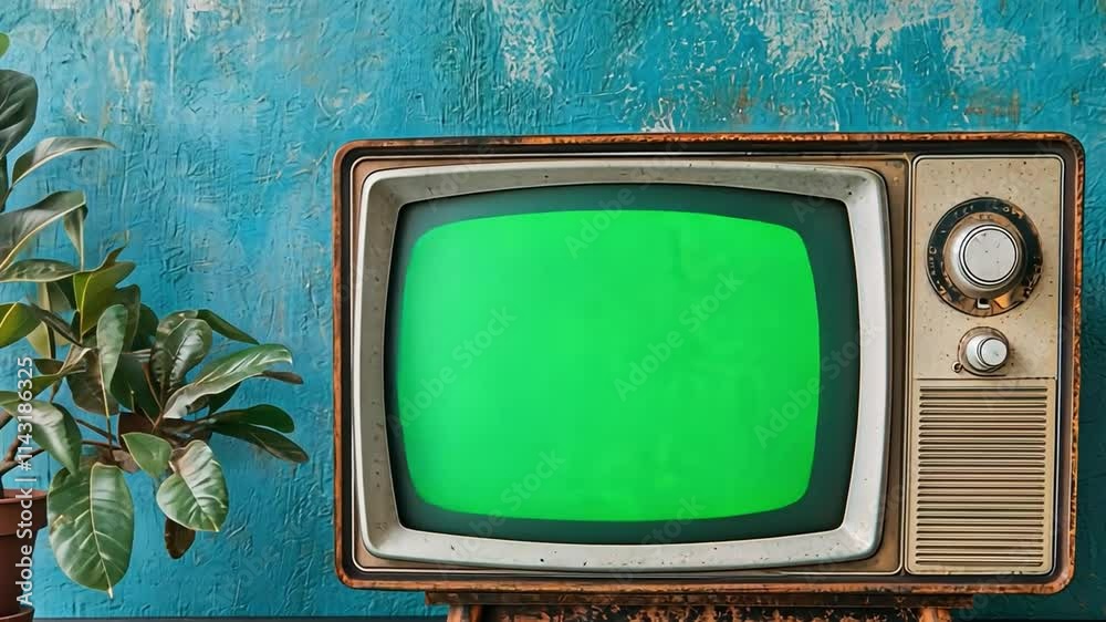 Retro TV with Green Screen: Vintage television set against a teal wall ...