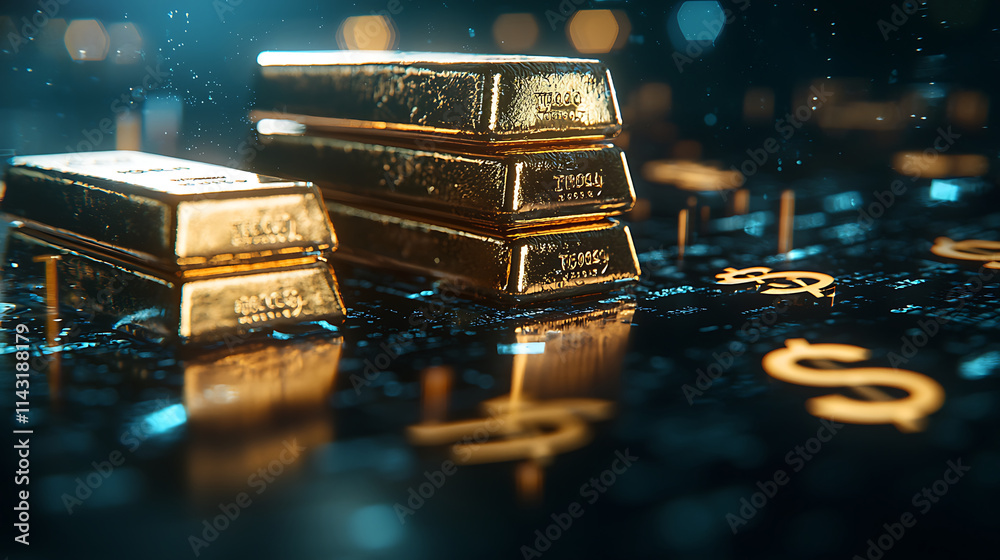 High quality image of stacked gold bars with subtle reflections and currency symbols Stock ...