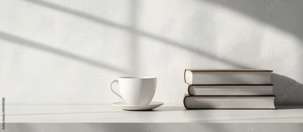Minimalist decor featuring a white cup next to stacked books on a clean ...