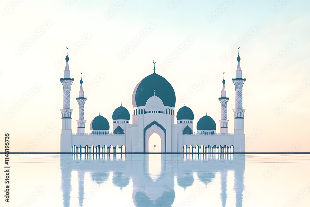 Minimalist mosque illustration with domes and minarets, capturing ...
