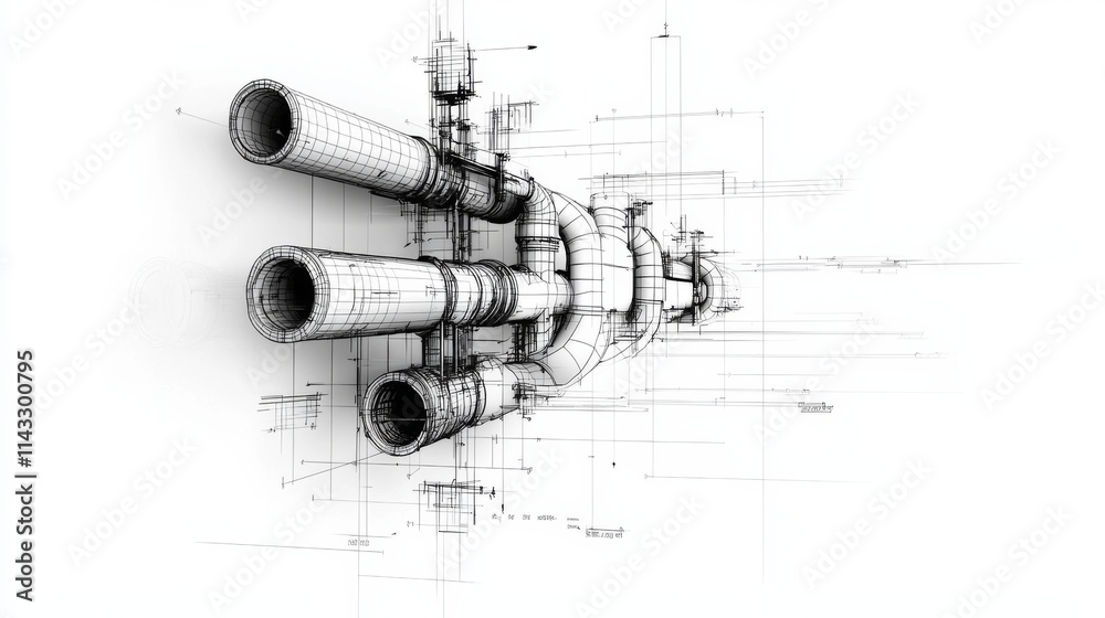 Architectural drawing of interconnected pipes with detailed technical ...