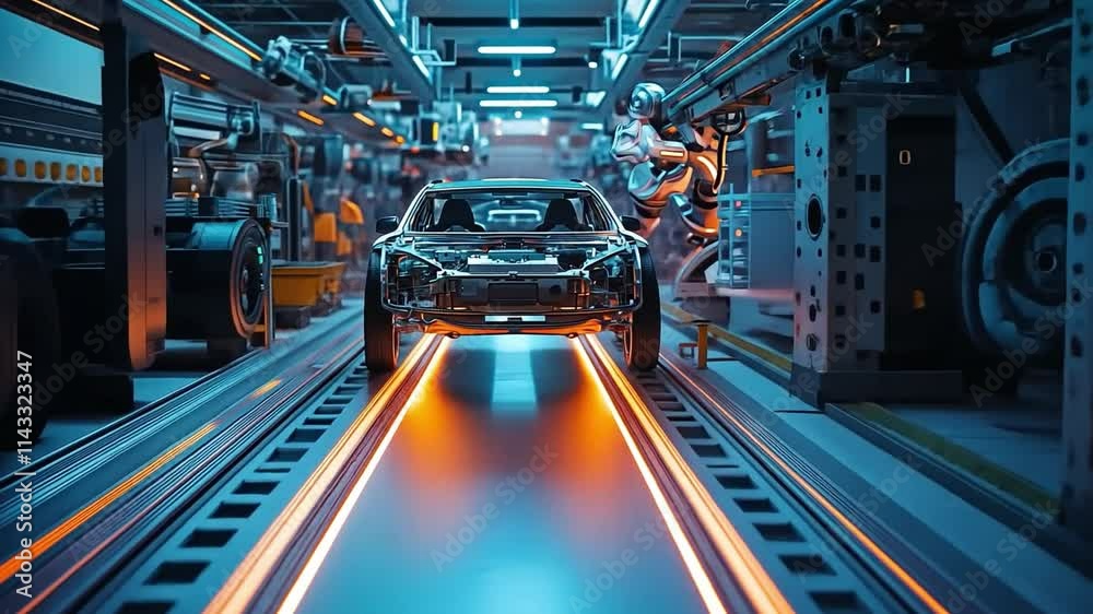 Assembly Line Innovation: Futuristic car production line with glowing ...