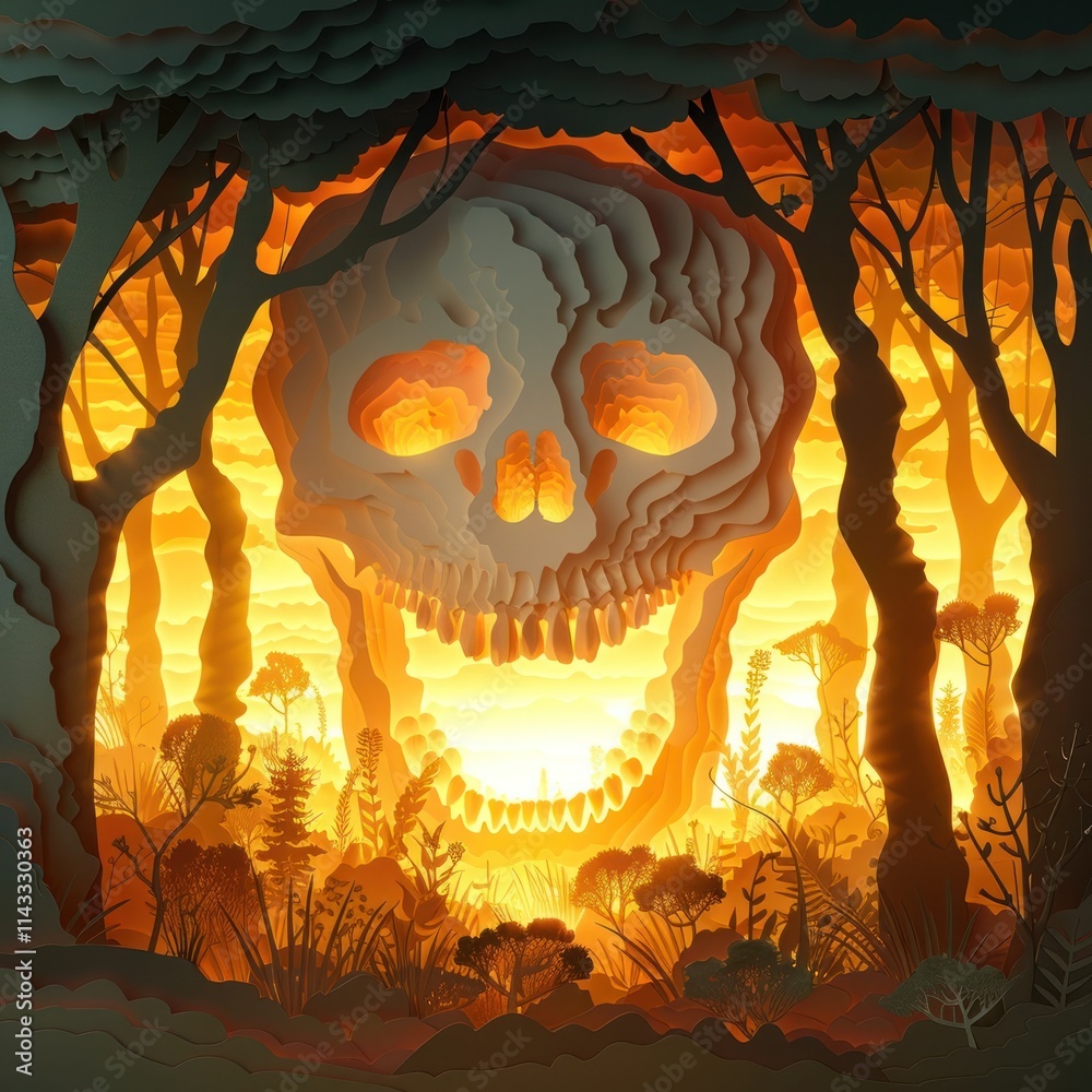 Glowing ghostly skull floating amidst the silhouetted trees and ...