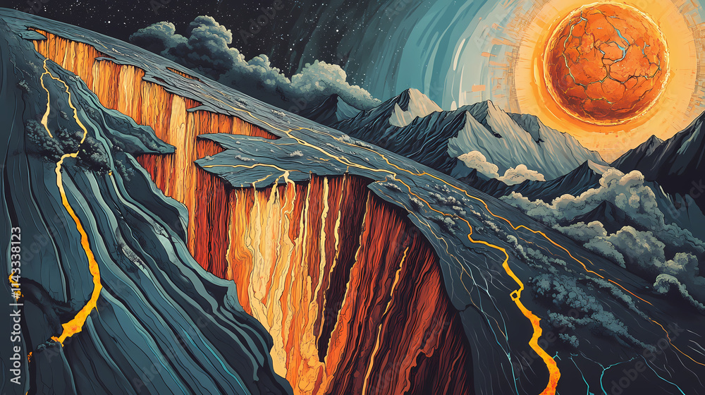 Illustration of tectonic plates shifting, with a visible fault line and ...