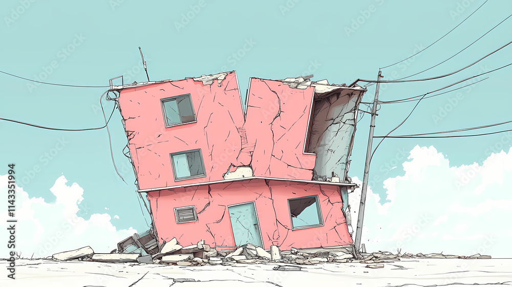 A whimsical, partially damaged house with a pink exterior - earthquake ...