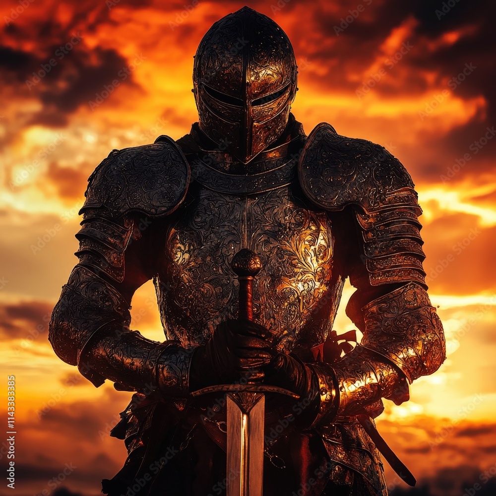 A striking depiction of a knight clad in ornate armor, standing under a ...