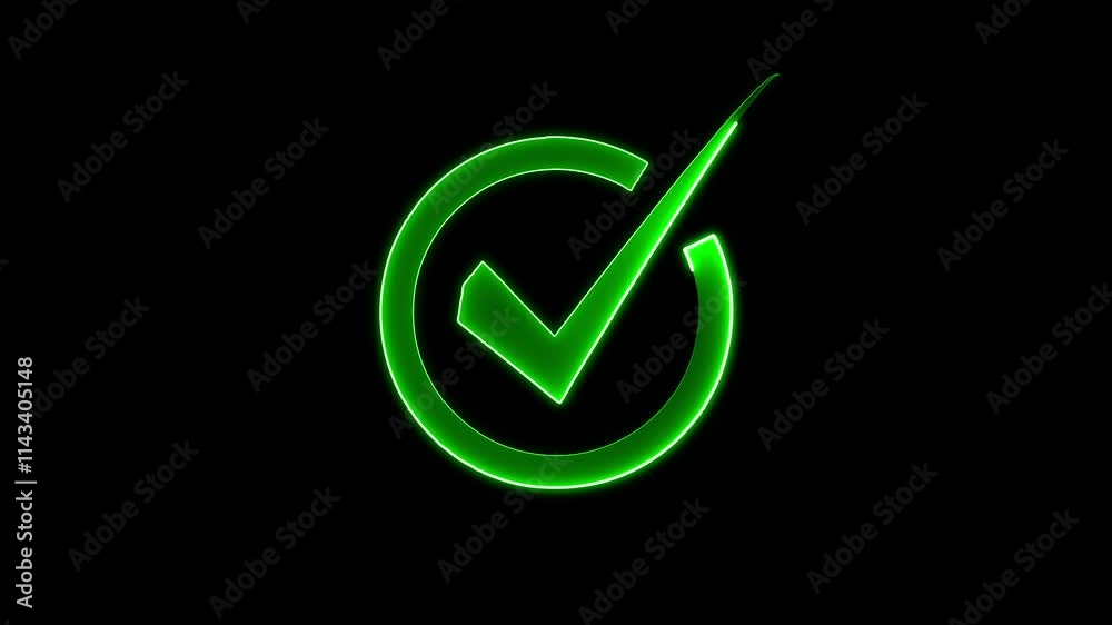 Glowing green chick mark. Neon green ok button animation on black ...