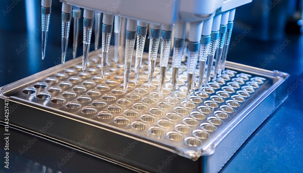 Researcher using micropipette dropping solution to microplate, for ...