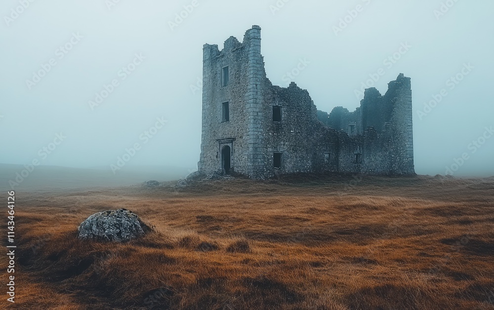 Eerie silence, abandoned, ancient castle standing in desolate gloom ...
