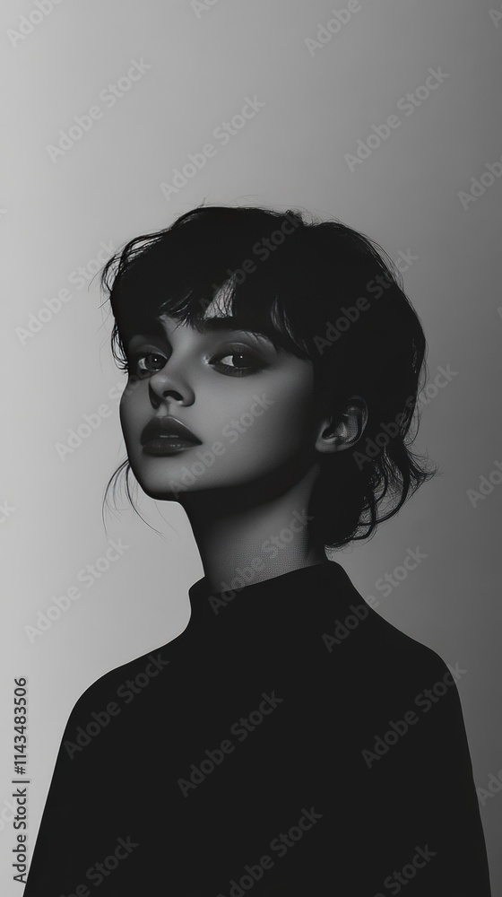 Monochromatic front-facing portrait showcasing a young woman with short ...