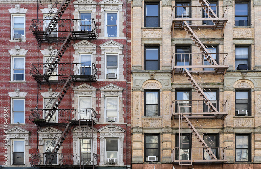 New York City, old apartment building with external fire ladder and ...
