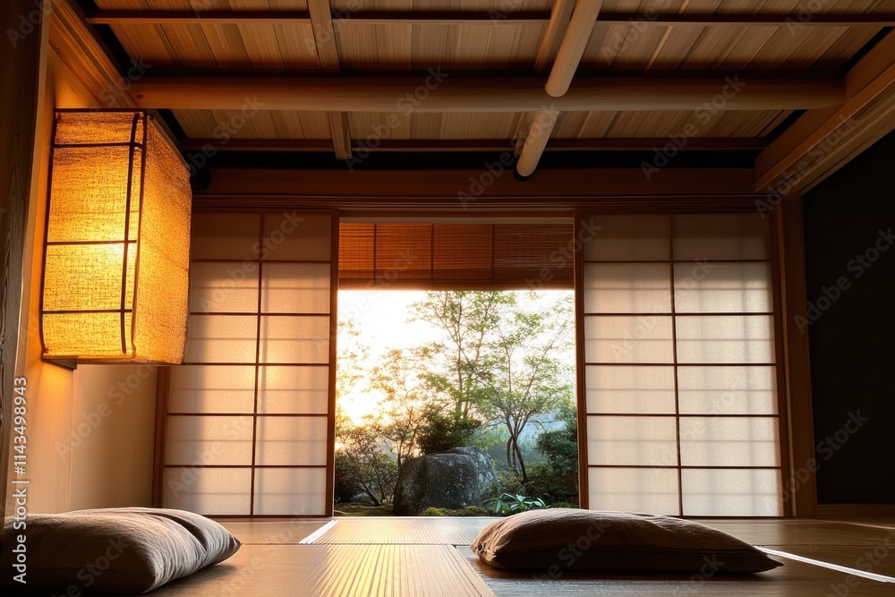 Serene Japanese Tea House Interior with Wooden Beams and Sliding Shoji ...