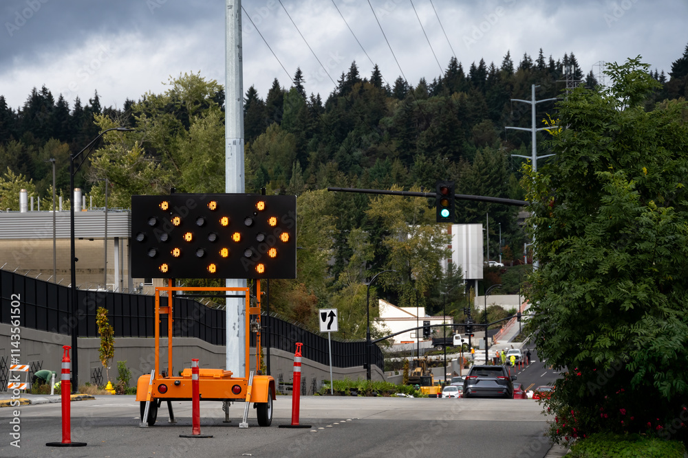 Sequential Chevron, Move/Merge Right sign, temporary wheeled lighted ...