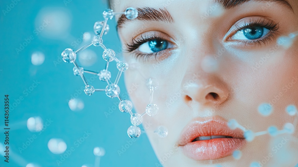 Science of Beauty: Close-up portrait of a young woman with a molecular ...