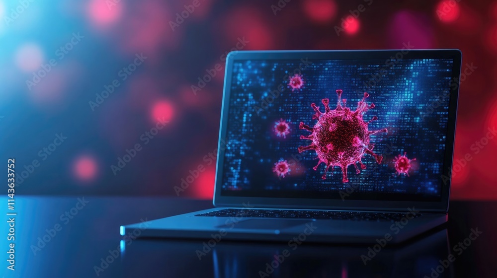 Cyber Pandemic: Laptop screen displays a virus, symbolizing digital ...