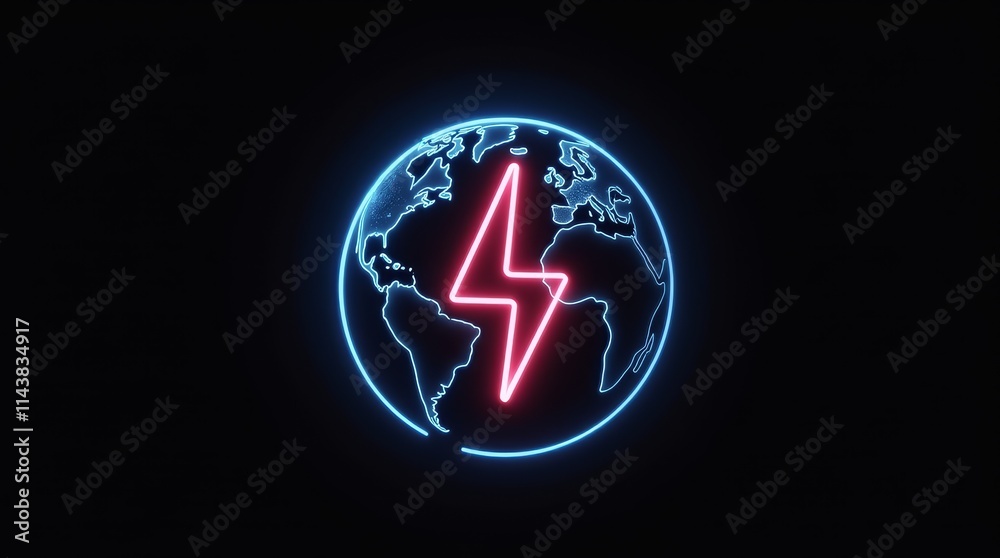 Glowing neon Earth planet with a red lightning bolt symbol on a dark ...