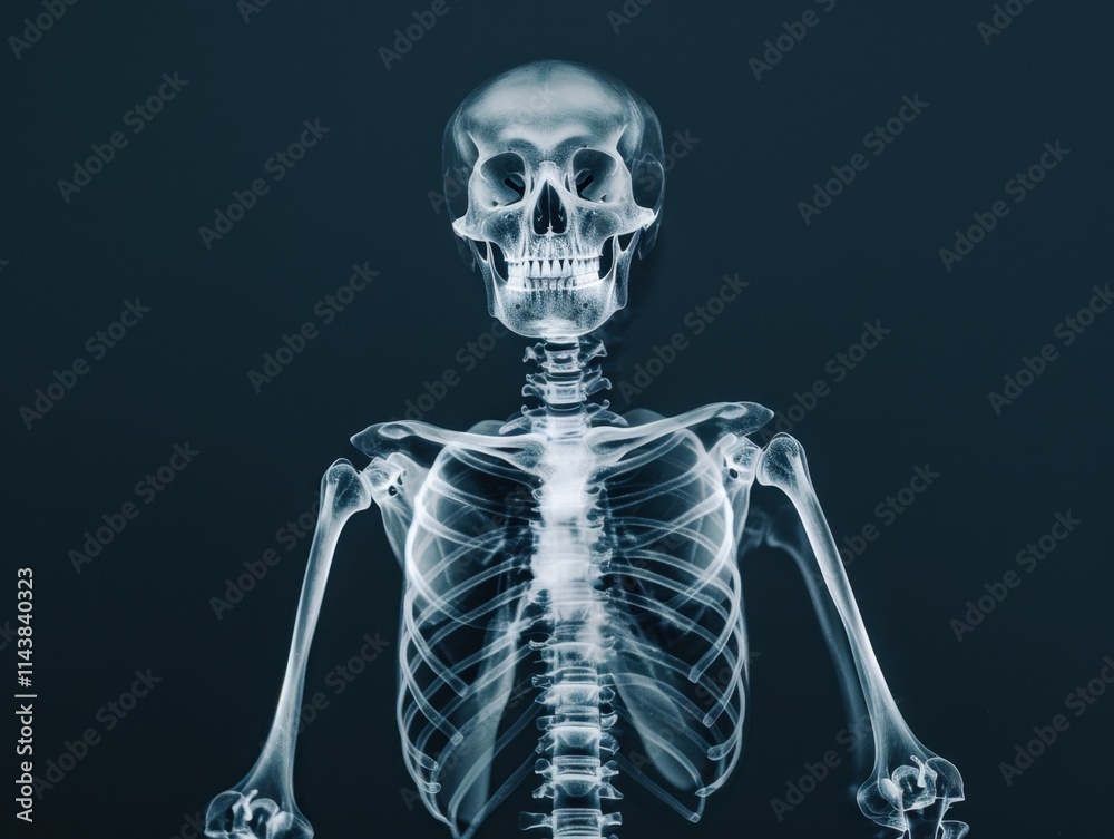X-ray image of human skeleton with skull and torso, detailed anatomical ...