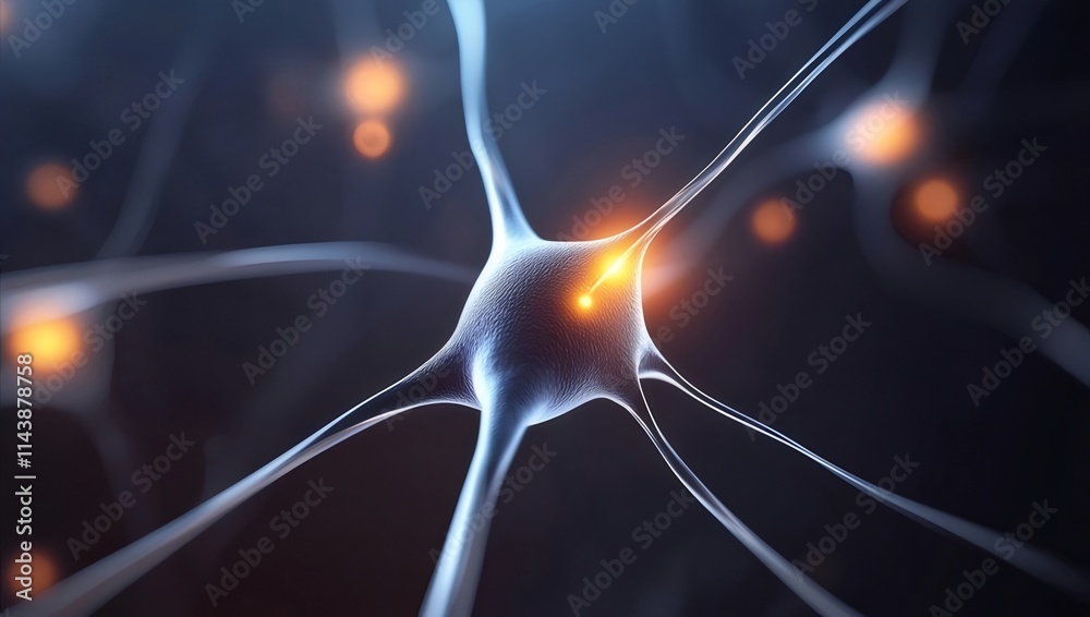 Microscopic view of a neuron firing, showing its complex network and glowing synapses. Stock ...