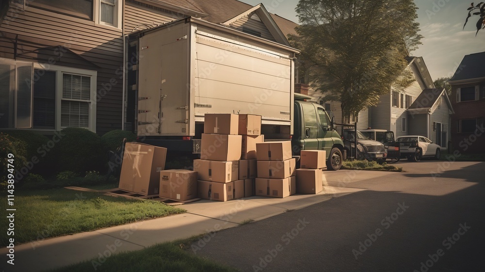 Neatly stacked cardboard moving boxes sitting on the driveway outside a ...