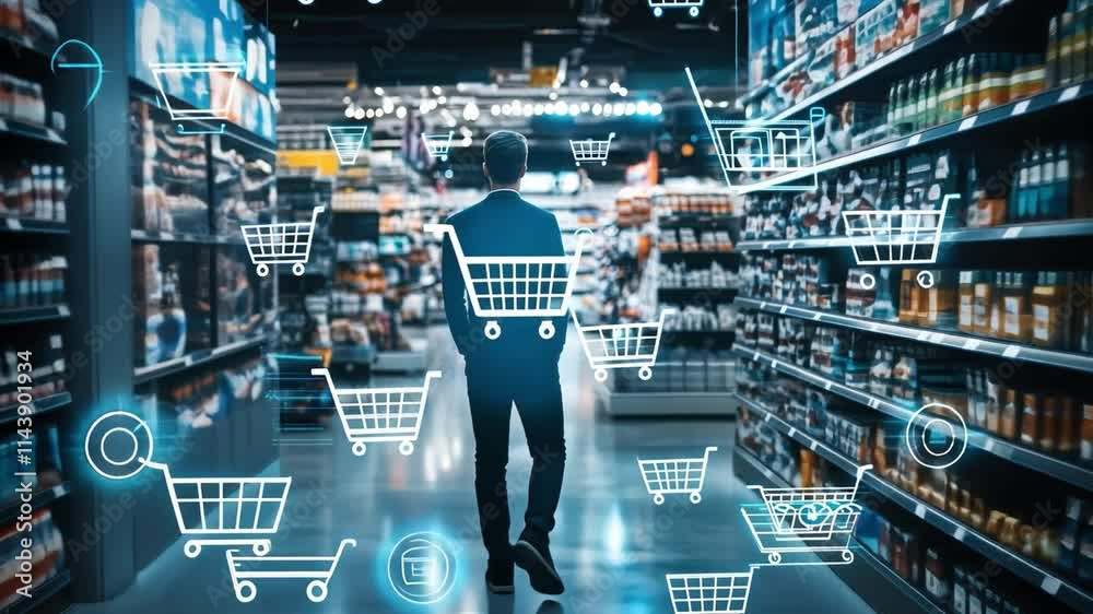 Smart Shopping Experience: A shopper navigates a futuristic supermarket ...