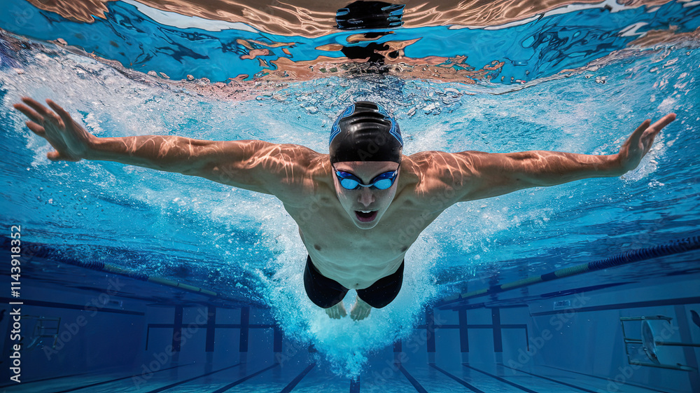 Professional swimmer diving into a clear blue pool, wearing a black ...