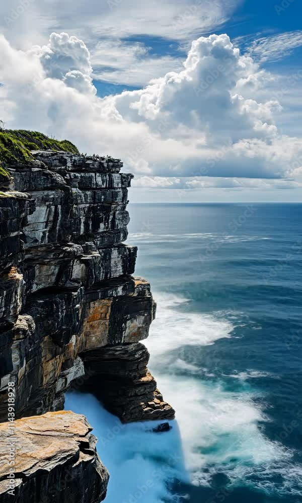 Stunning coastal cliffs overlook the ocean with dramatic clouds above ...