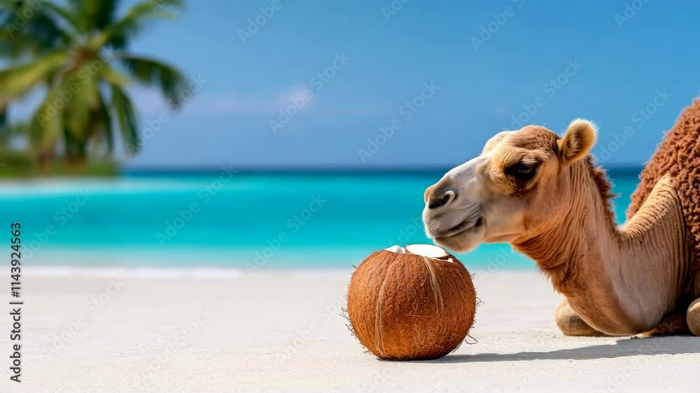 Camel is laying on the beach next to a coconut. The scene is peaceful ...