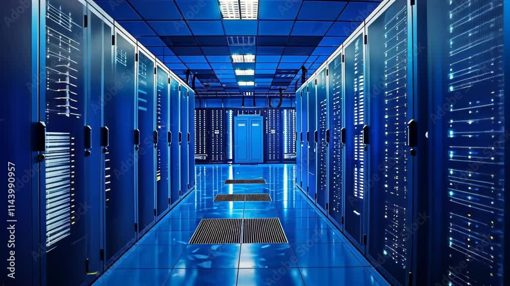 A high-tech data center features rows of servers glowing in blue light ...