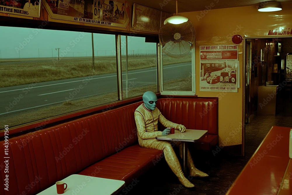 An intriguing scene of an alien sitting alone in a retro diner ...