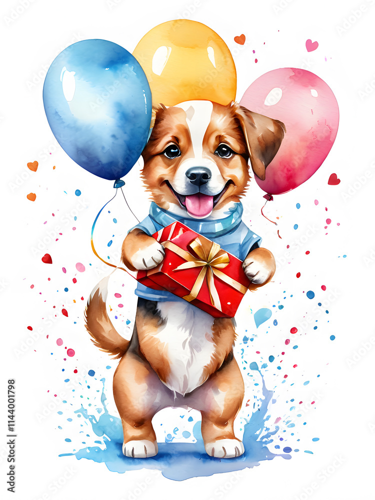 children's cute greeting card with dog with gift box and balloons ...