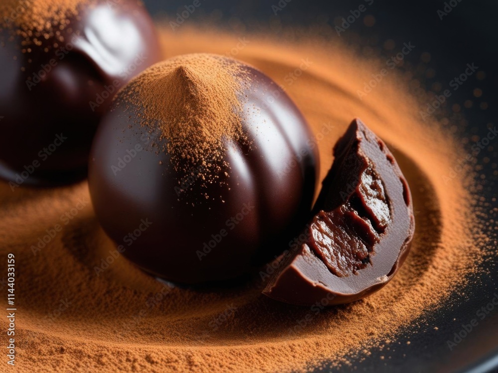 Detailed shot of a chocolate truffle, with a smooth, glossy ganache ...