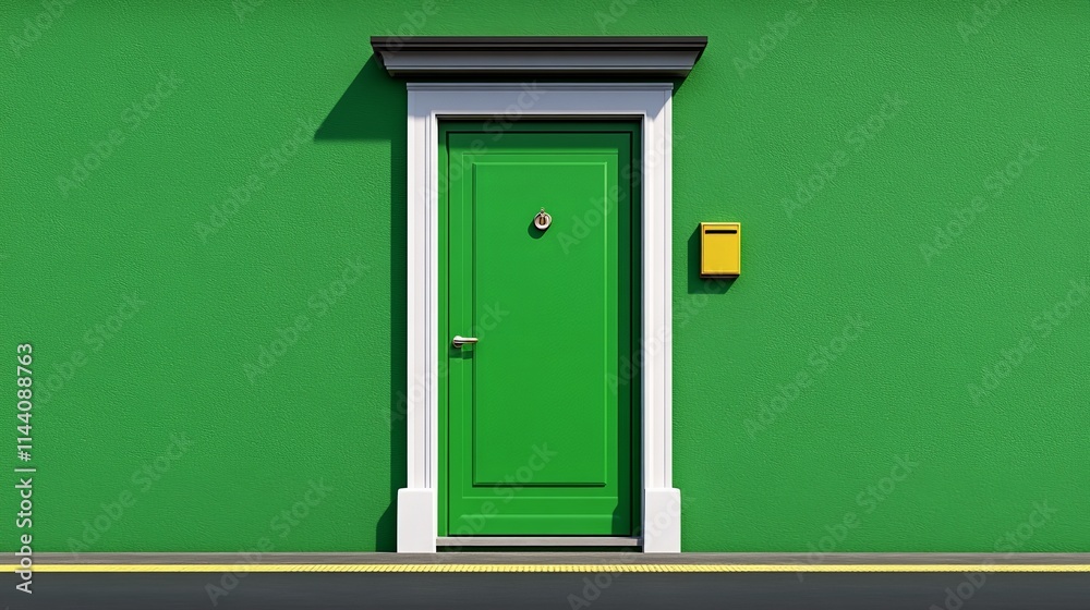 Green Doorway: A single green door stands out against a vibrant green ...