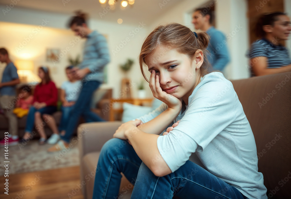 Depressed teen girl unnoticed by family, highlighting mental health ...
