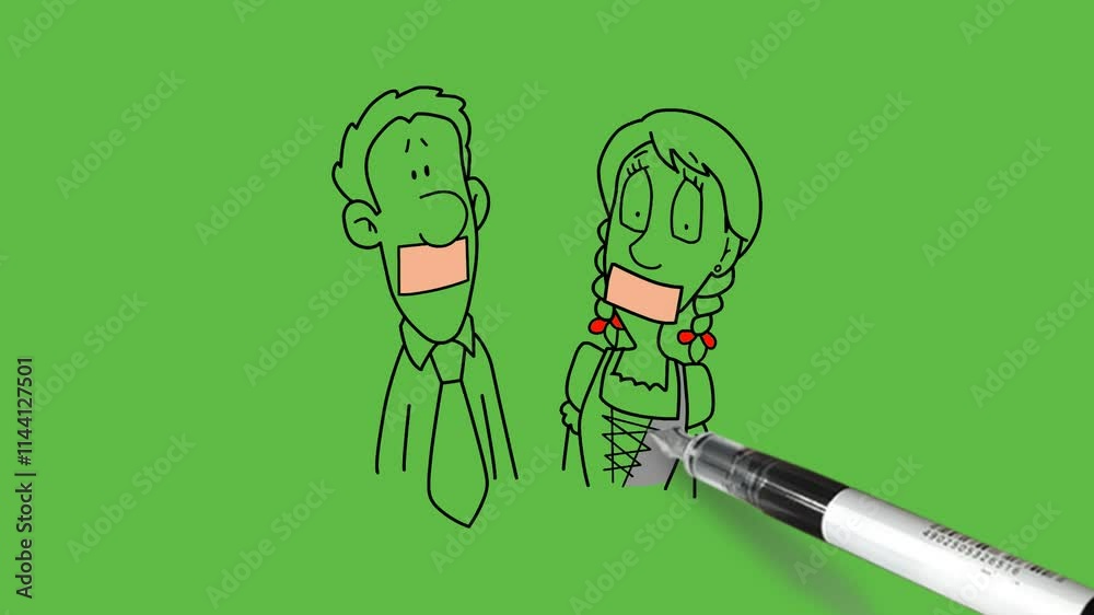draw young man and girl stand together to seal their mouth with pink ...