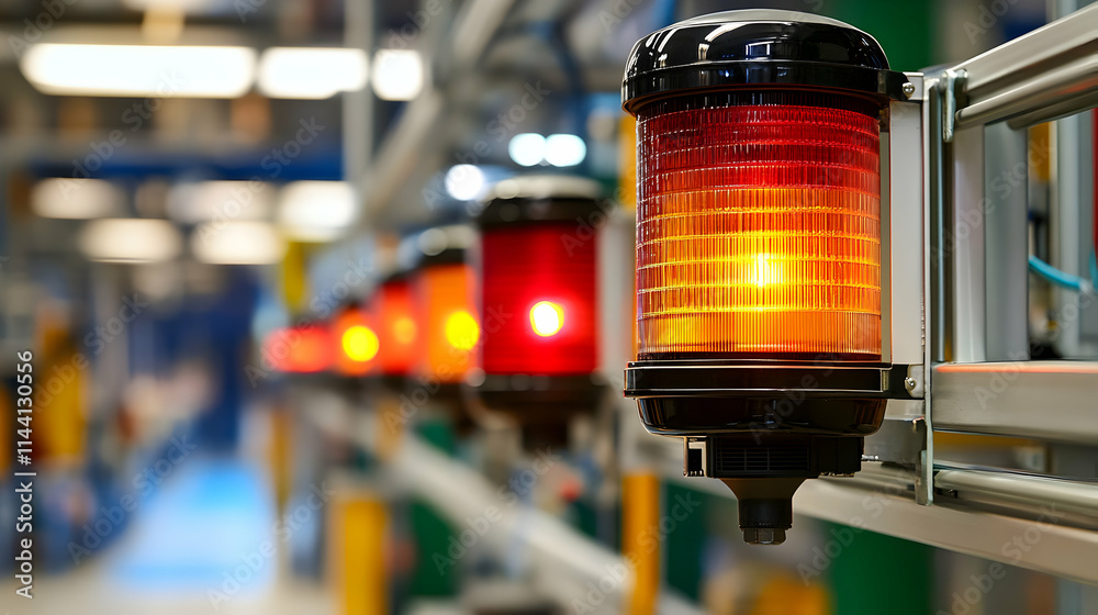 Industrial Facility, Row of Illuminated Warning Lights Indicate Safety ...