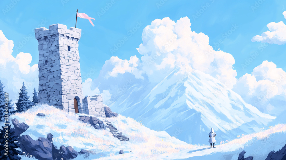 8-bit pixel art medieval castle landscape, rolling hills, stone walls ...