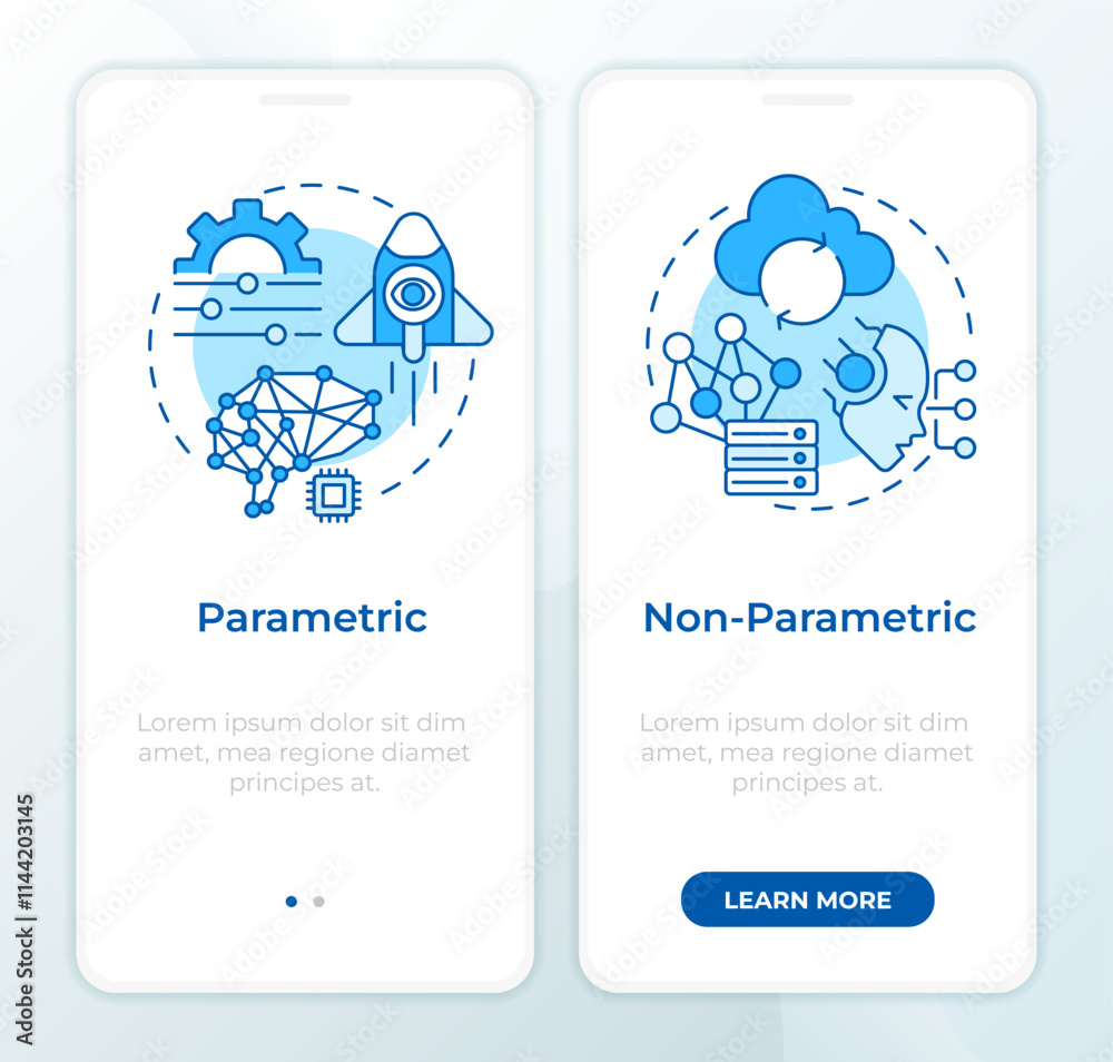 Statistical analysis blue onboarding mobile app screen. Walkthrough 2 ...