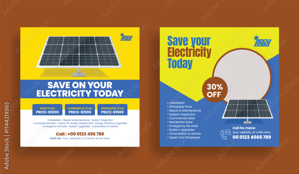 Solar panel editable social media post banner, ads and square flyer or ...